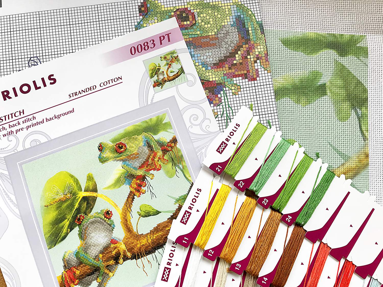 0083 PT Frogs Cross Stitch Kit with pre-printed background Aida - Riolis